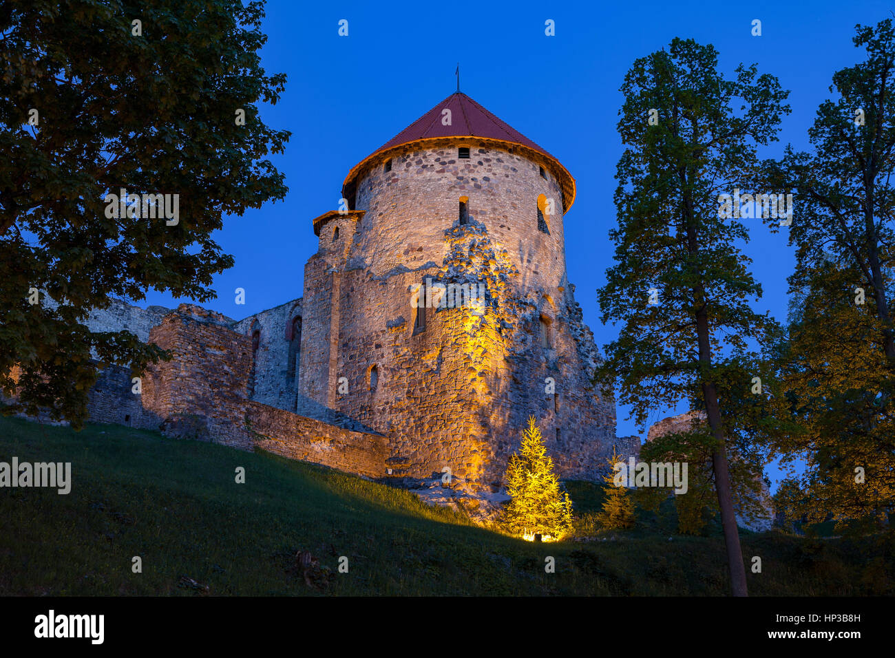 View of beautiful ruins of ancient Livonian castle in old town of Cesis ...