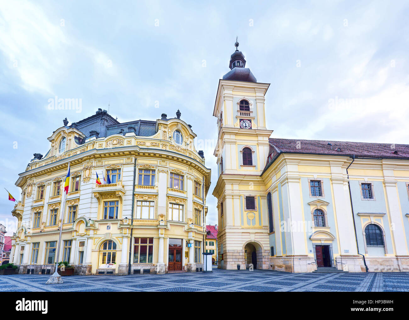 Sibiu city downtown with houses at the central square near the mayor ...