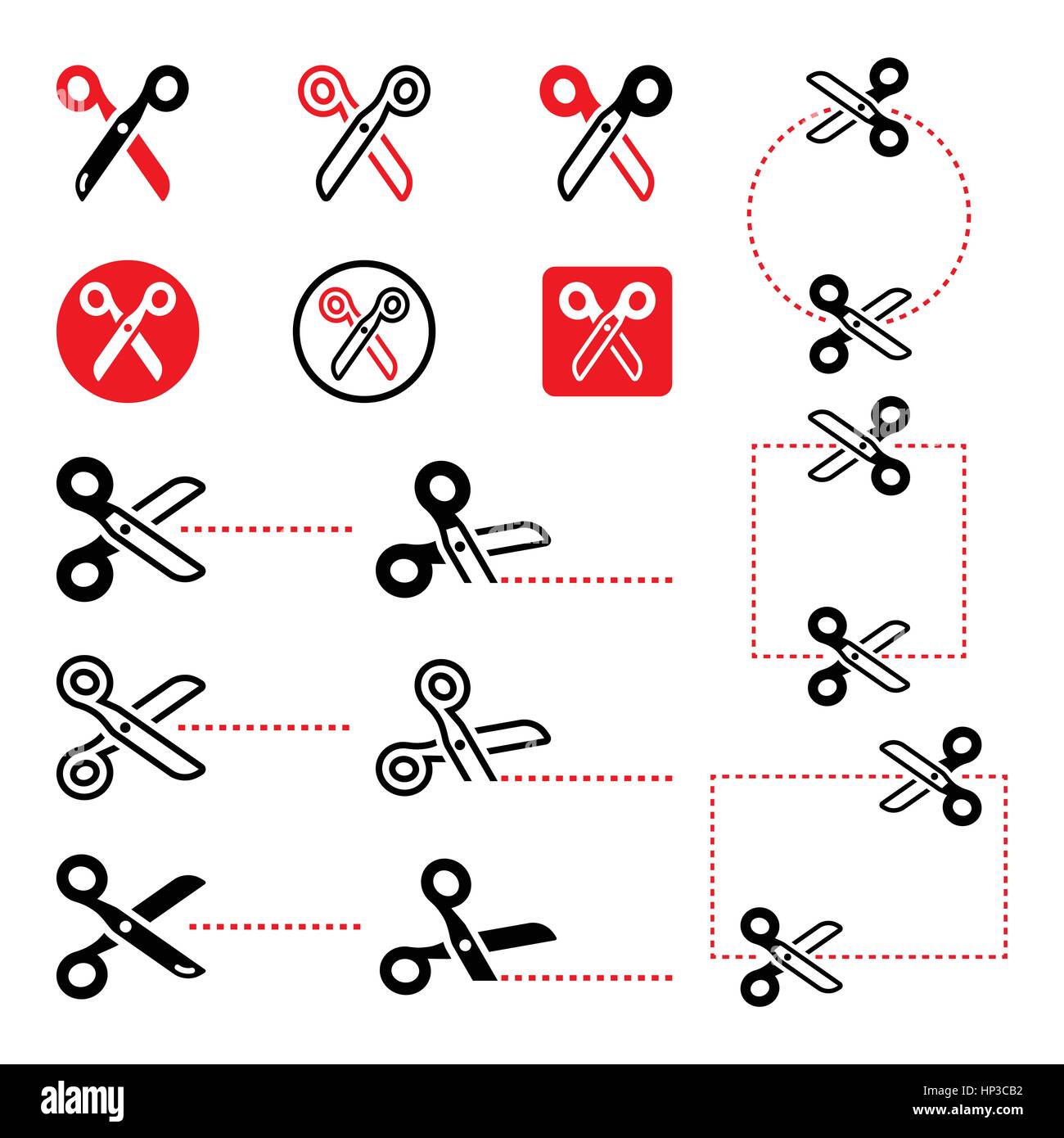 Scissors with cut lines icons set. Vector tools black and red icons set ...