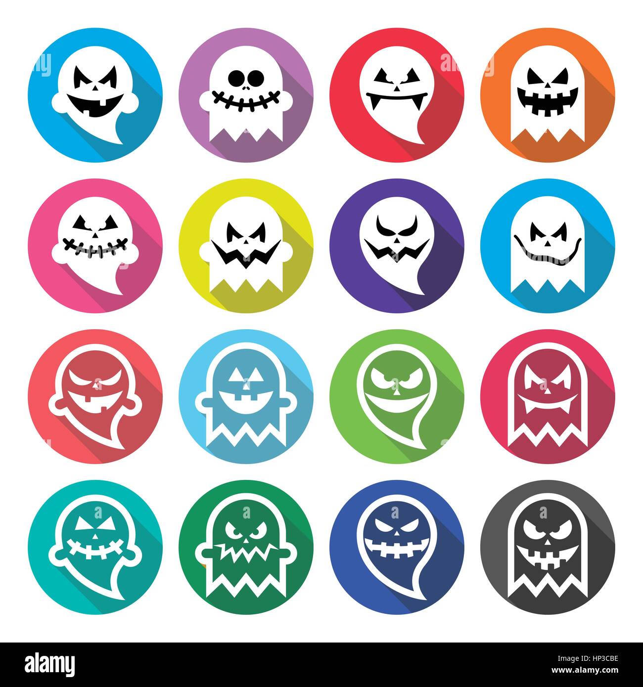 Halloween scary ghost, spirit flat design icons set. Vector round icons ...