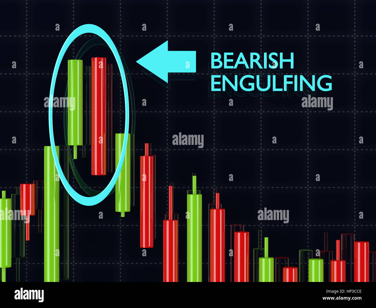 3d rendering of forex candlestick bearish engulfing pattern over dark ...