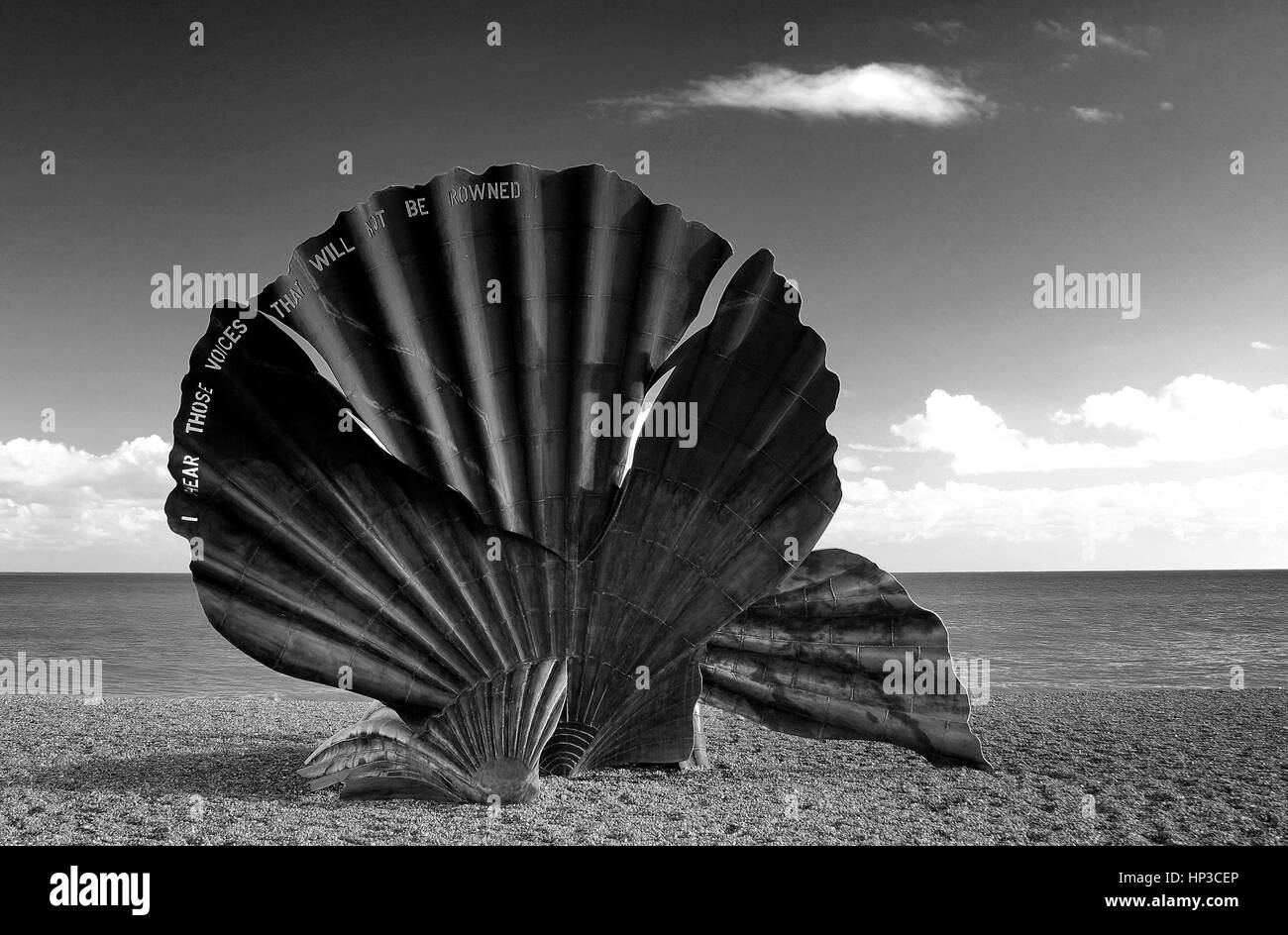 The Scallop shell sculpture by Maggie Hambling, shingle beach Aldeburgh ...