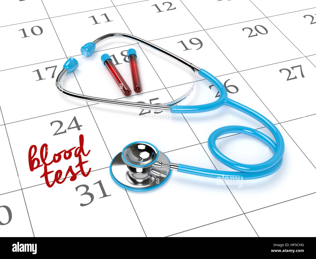 3d rendering of blue stethoscope, calendar, blood vials and reminding ...