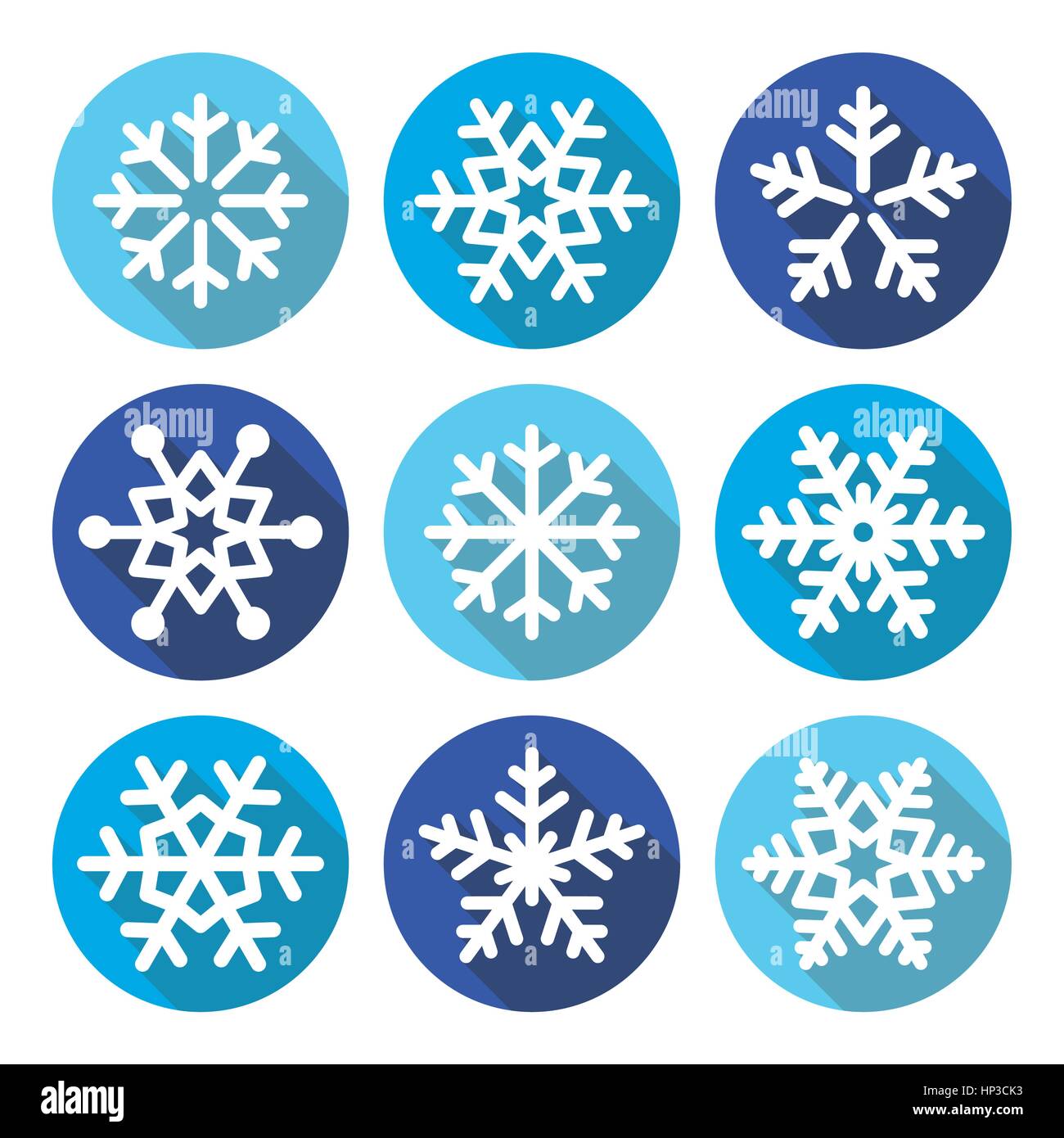 Snowflakes, Christmas flat design round icons. Winter Xmas blue and navy blue icons set ...