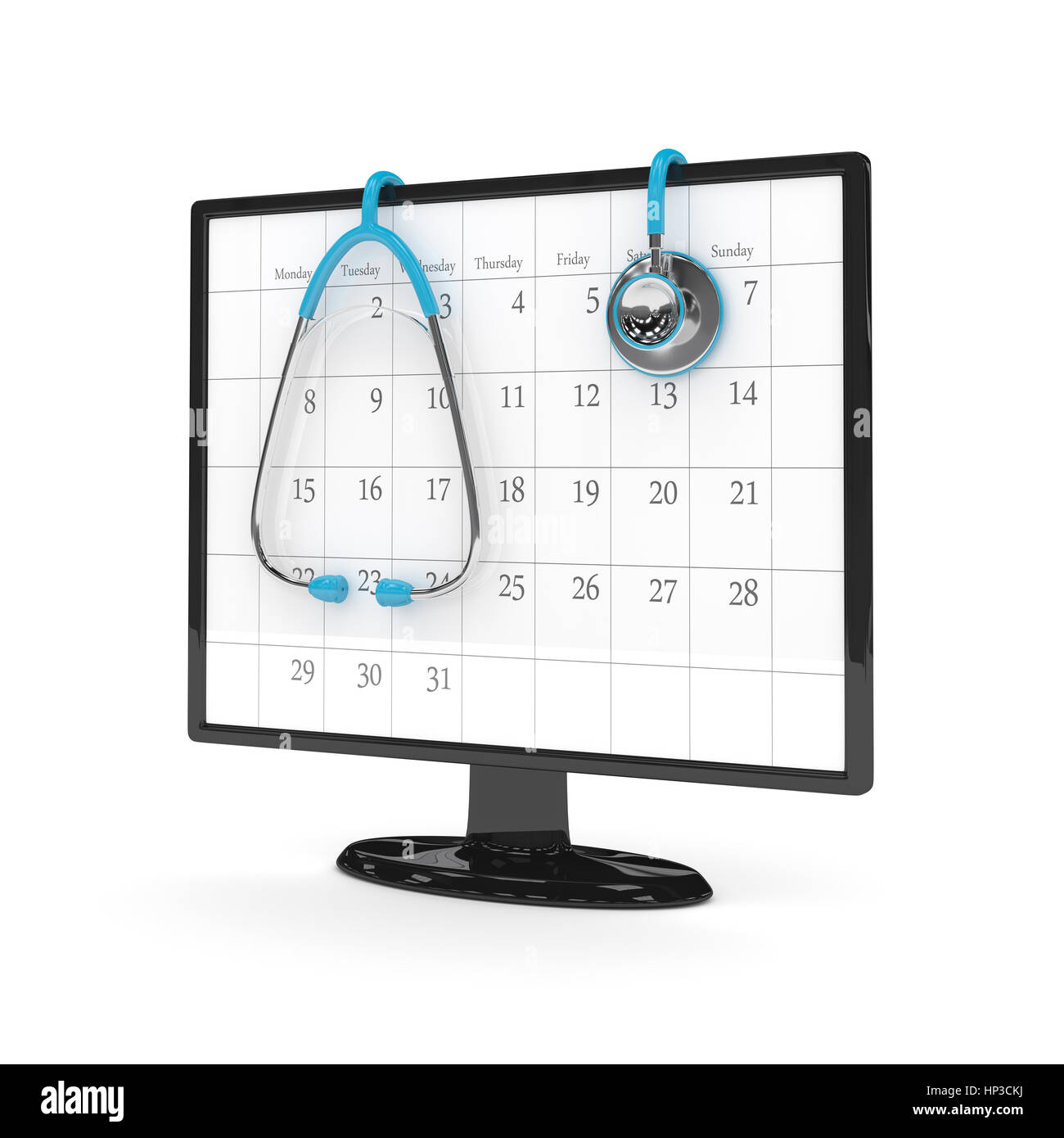 3d rendering of computer monitor with calendar and stethoscope isolated ...
