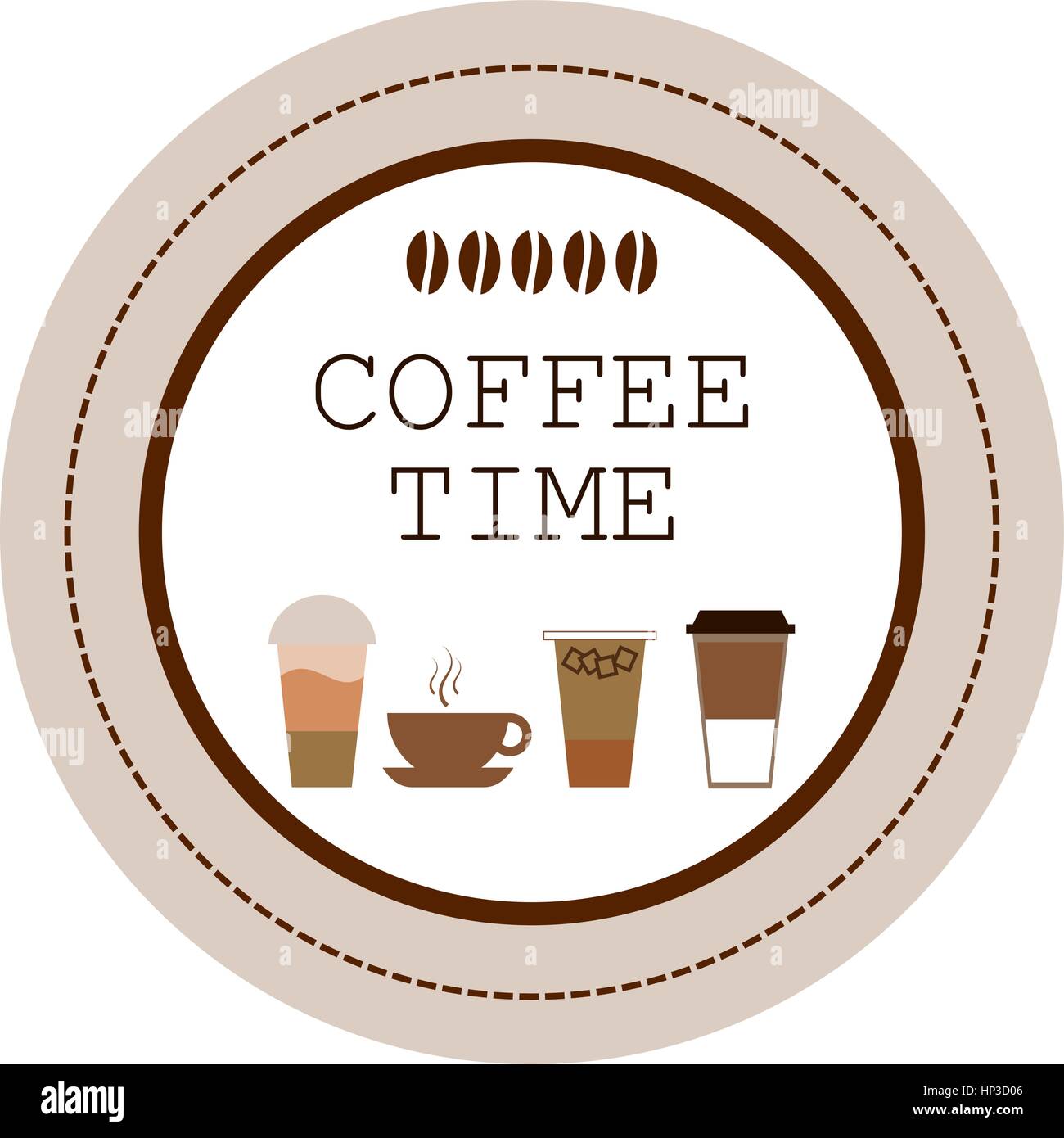 Coffee time sign with different caffeine drinks. Round coffee shop logo ...