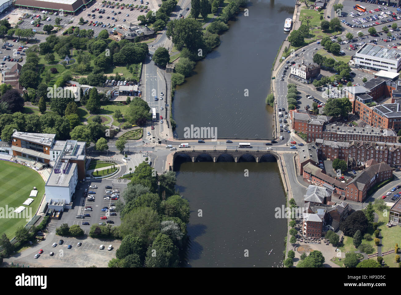 An aerial view of the Worcester City Bridge crossing the River Severn ...