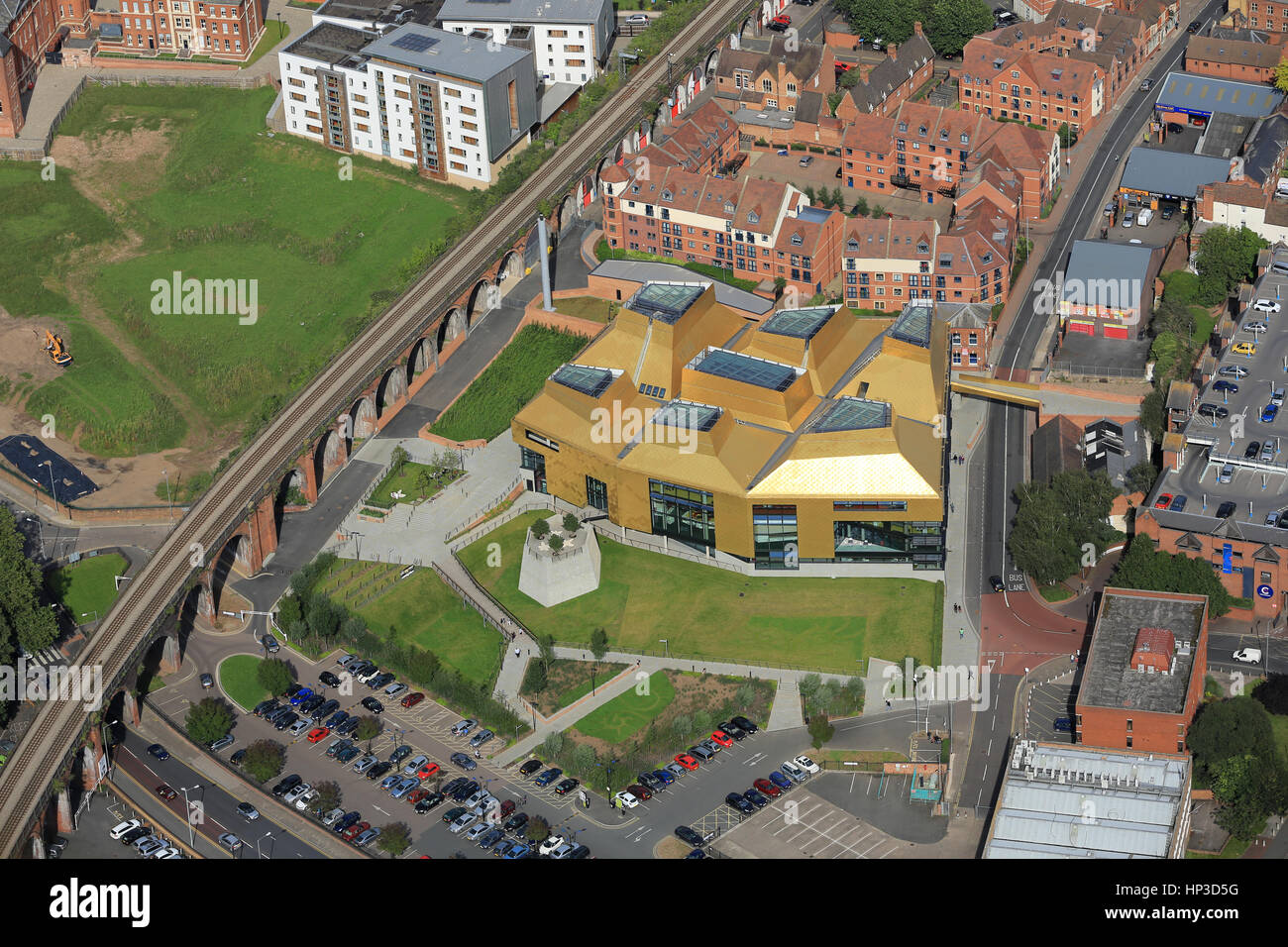 An aerial view of the golden roofed Worcester City Library Stock Photo ...