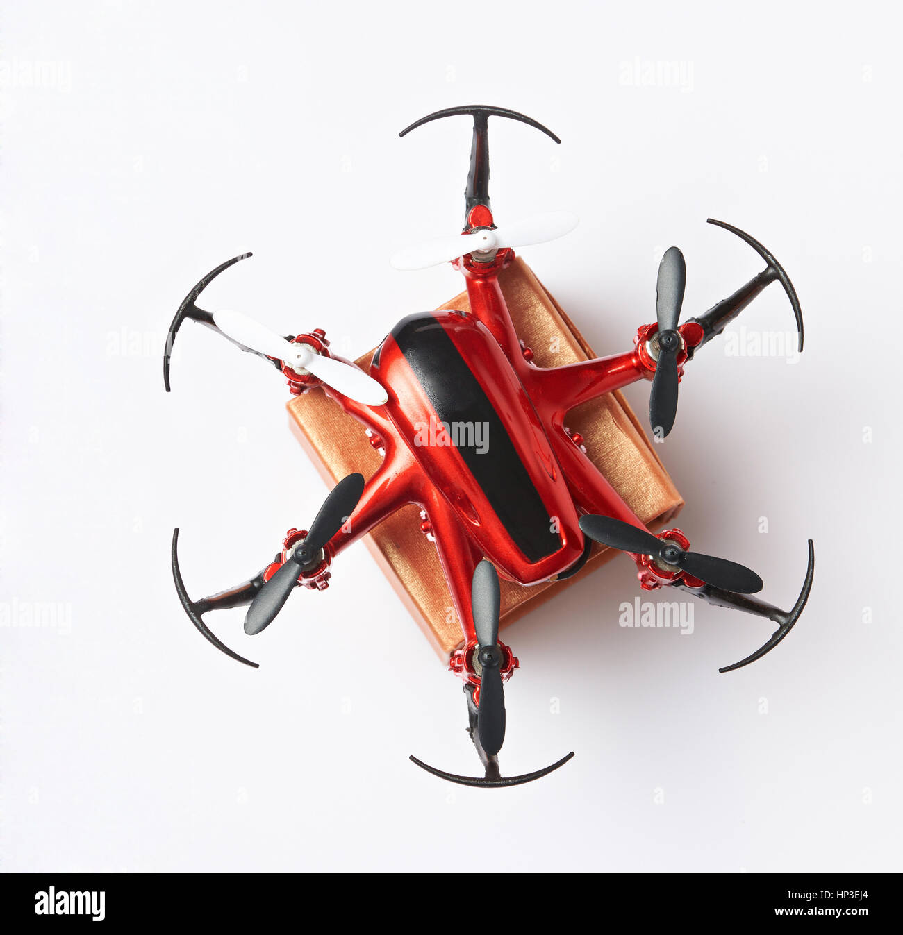 Drone carrying post box view from top isolated on white background. Air ...