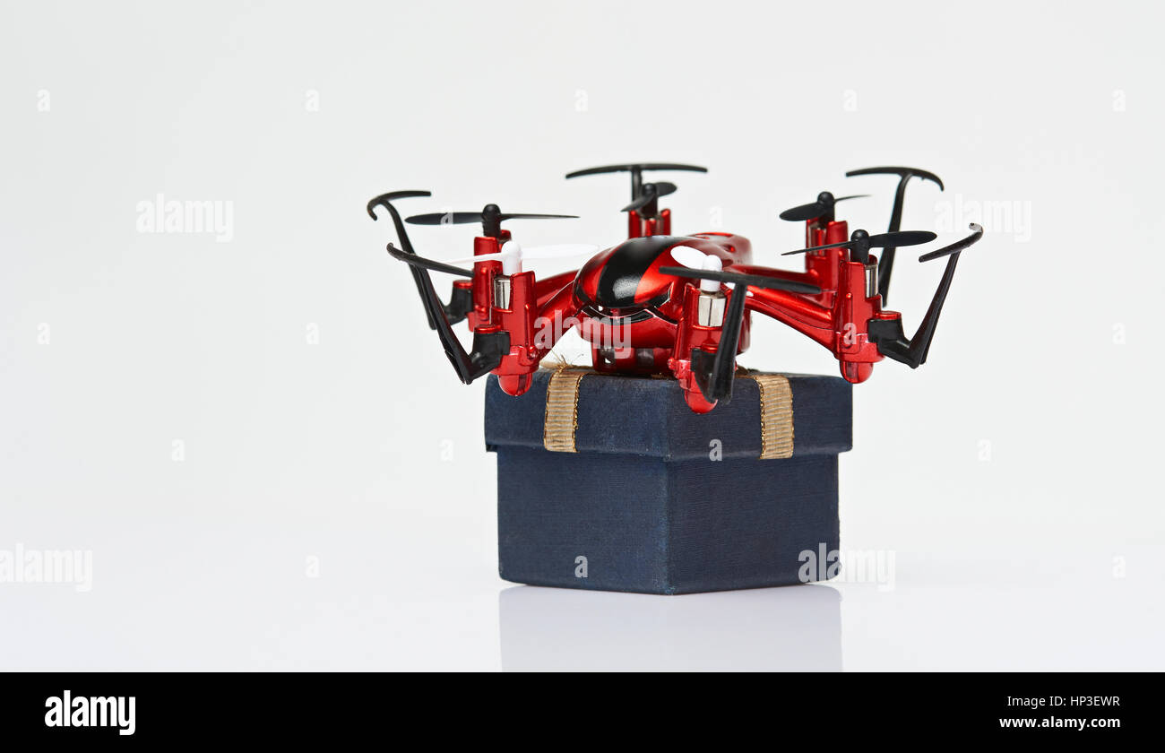 Fast air delivery via drone isolated on white background. Fly shipping ...