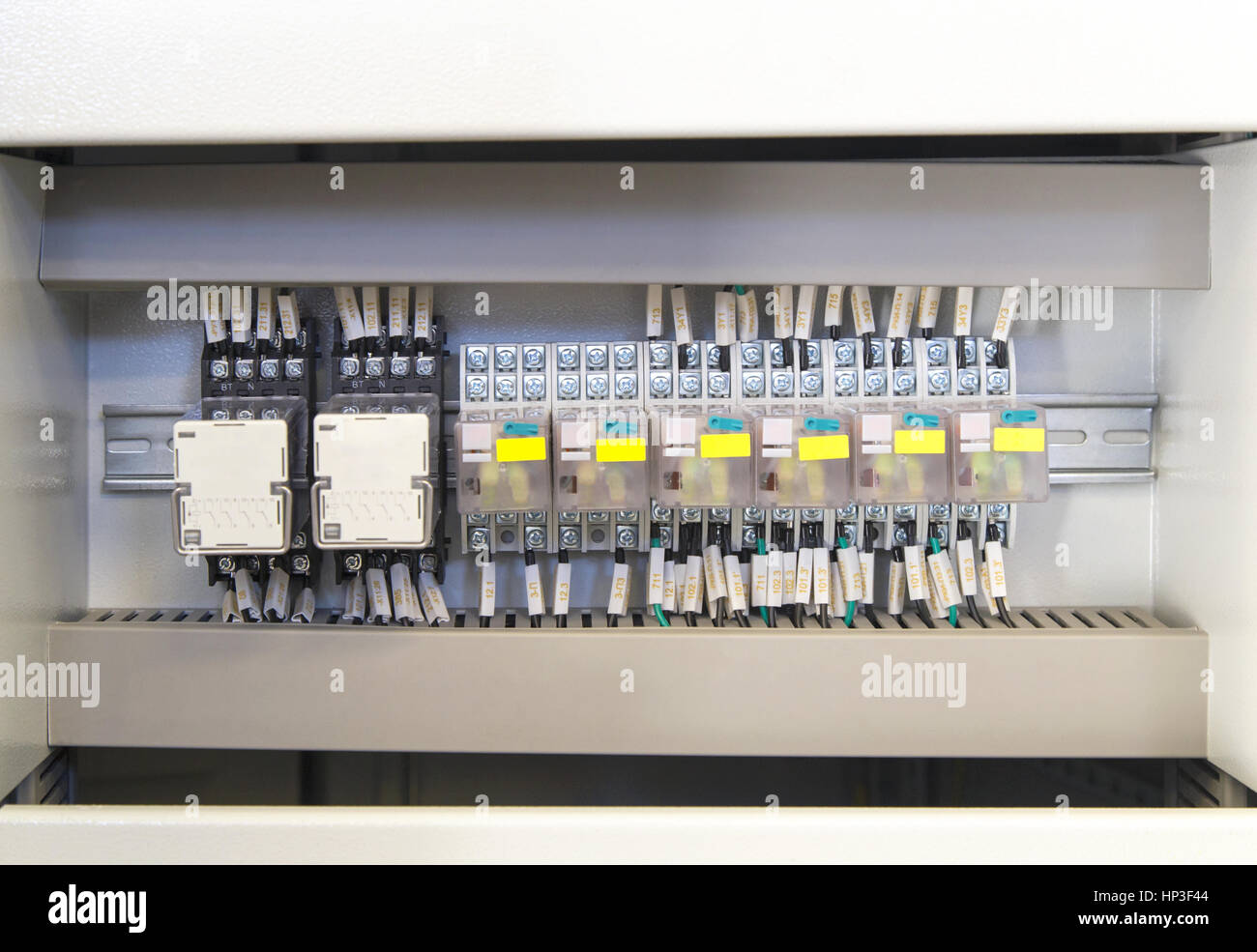 Relay panel with relays and wires Stock Photo - Alamy
