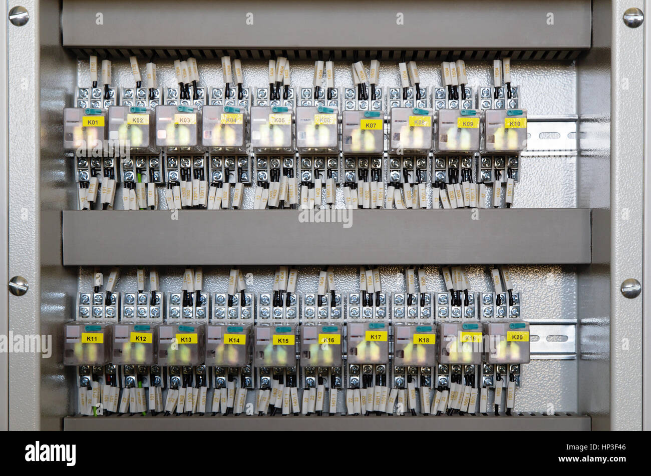 Relay panel with relays and wires Stock Photo - Alamy