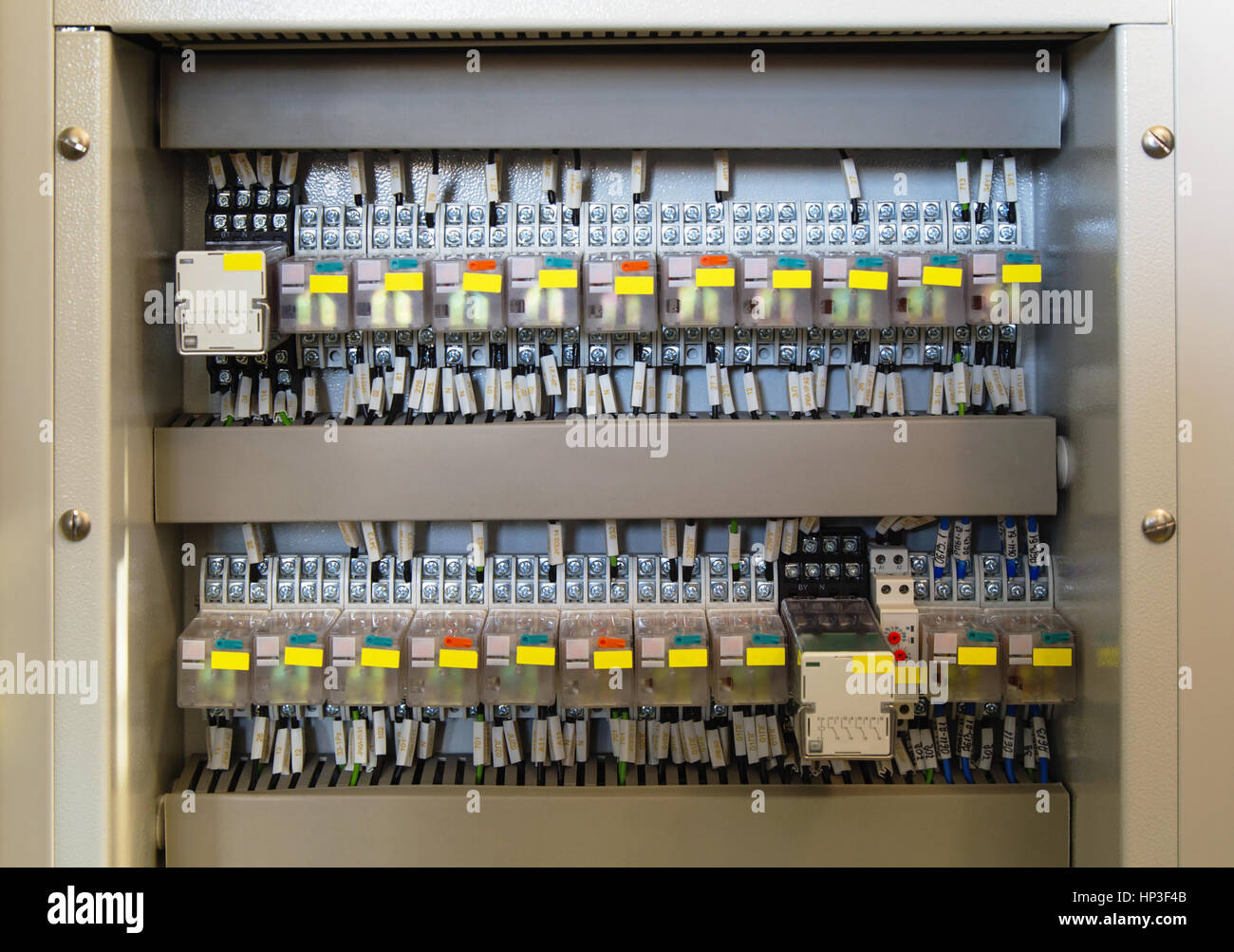Relay panel with relays and wires Stock Photo - Alamy