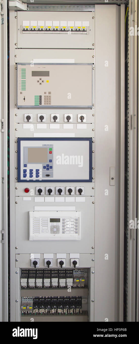 Electrical control panel with electronic devices in modern electrical ...