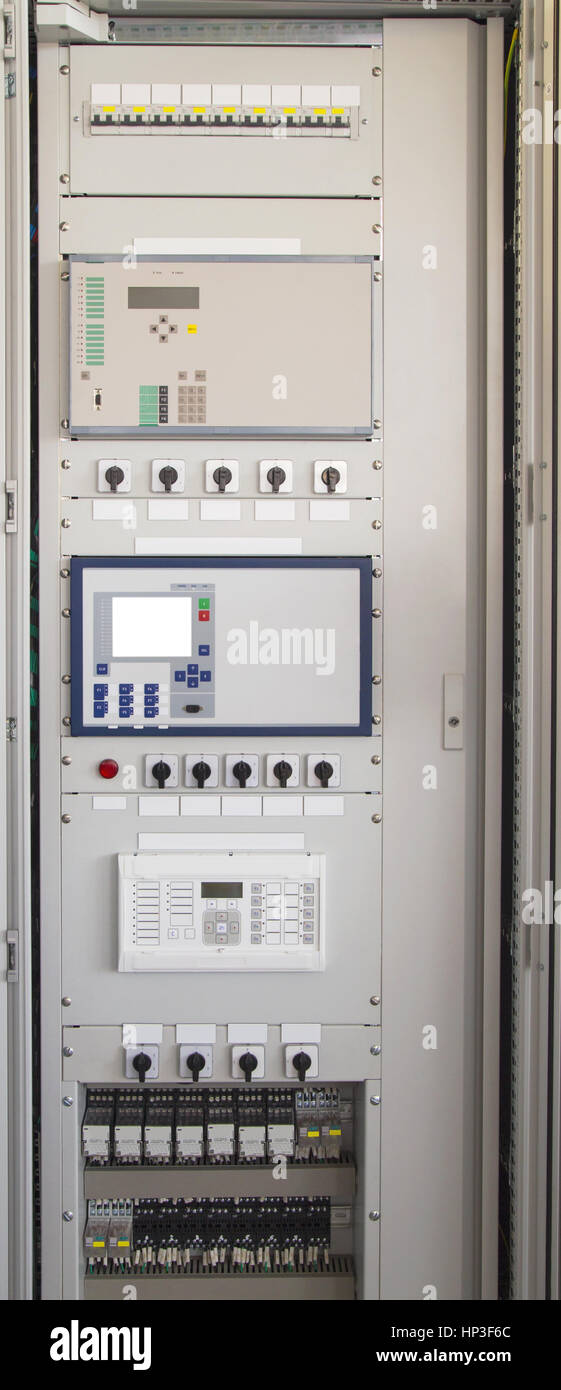 Electrical control panel with electronic devices in modern electrical ...