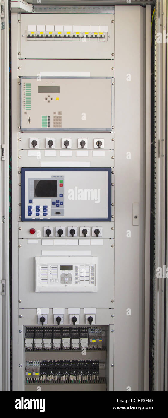 Electrical control panel with electronic devices in modern electrical ...