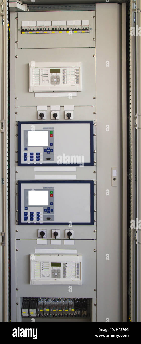Electrical control panel with electronic devices in modern electrical ...