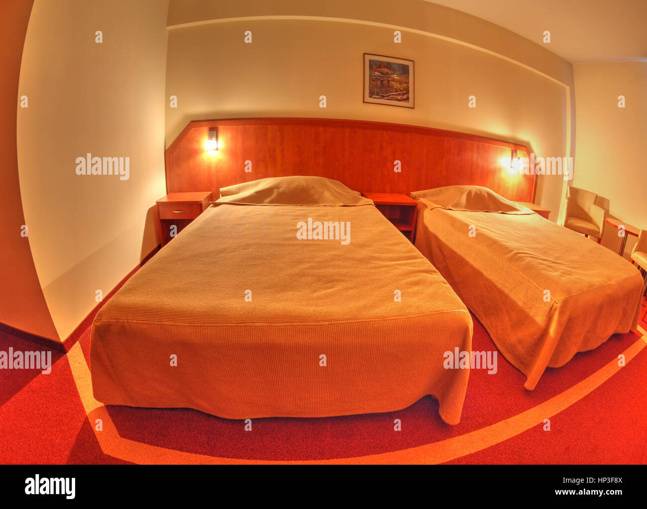 Modern bedroom interior in fish-eye perspective Stock Photo - Alamy
