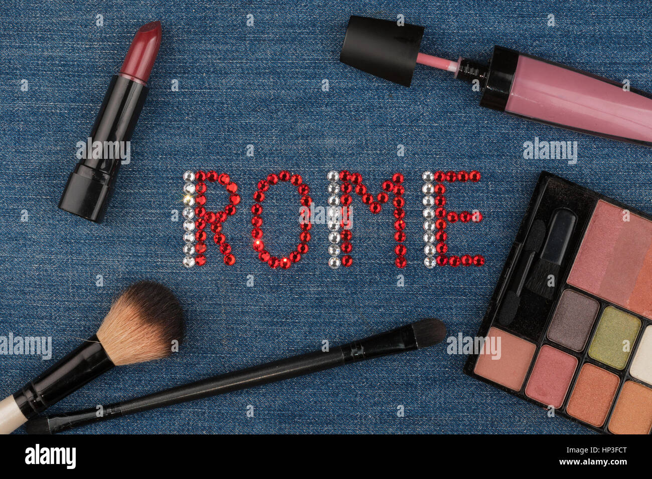 Rome. World capitals of fashion. Word inlaid rhinestones and cosmetics ...