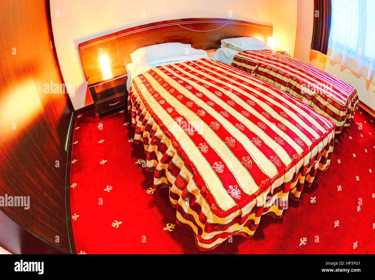 Modern bedroom interior in fish-eye perspective Stock Photo - Alamy