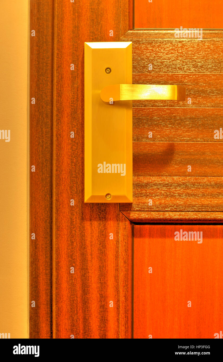 Modern wooden door with handle closeup Stock Photo - Alamy