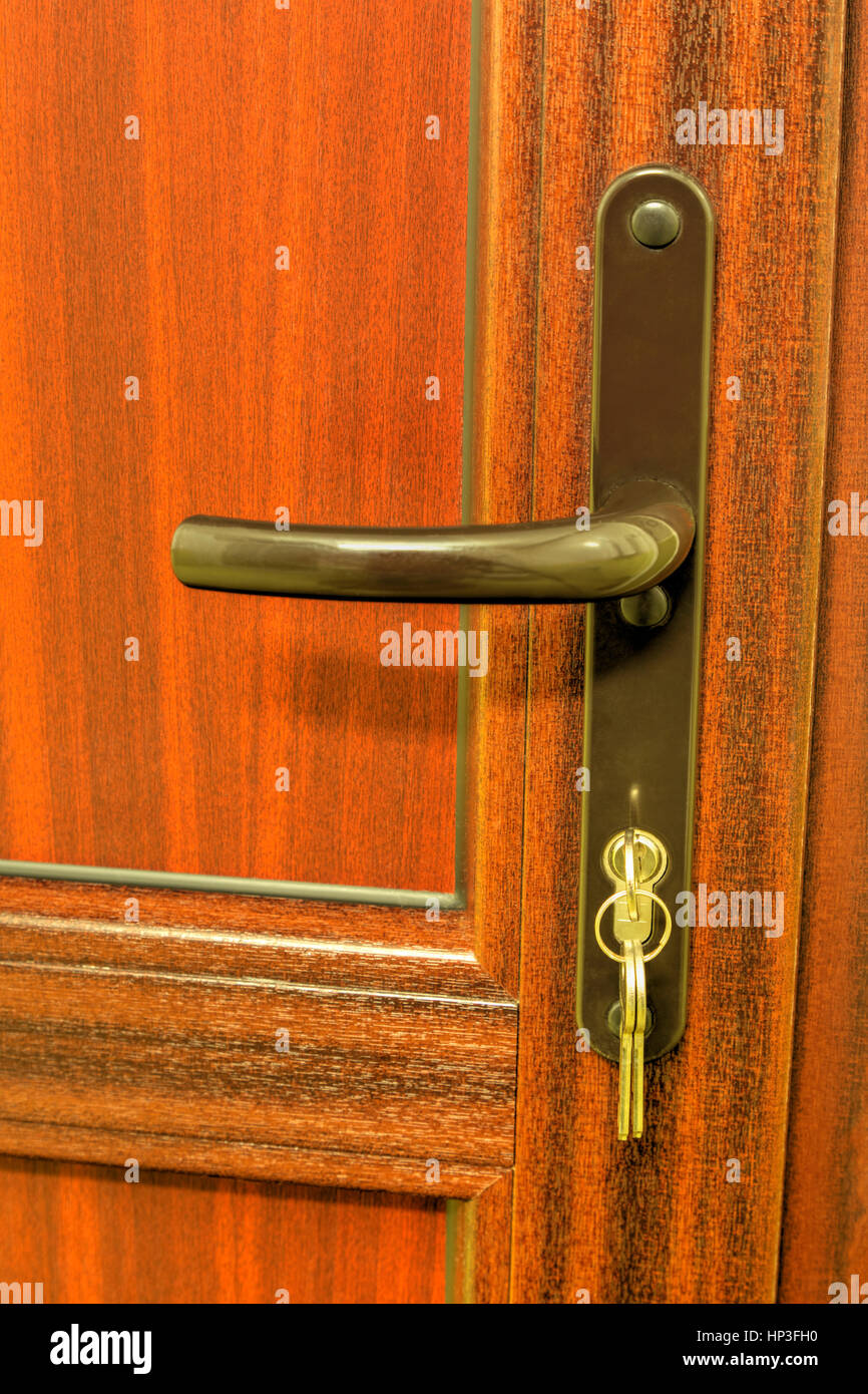 Modern wooden door with handle closeup Stock Photo - Alamy