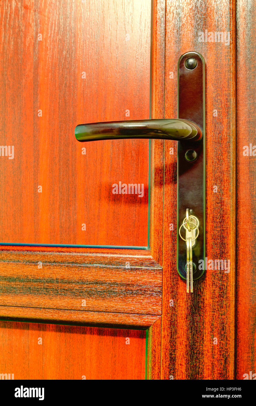 Modern wooden door with handle closeup Stock Photo - Alamy