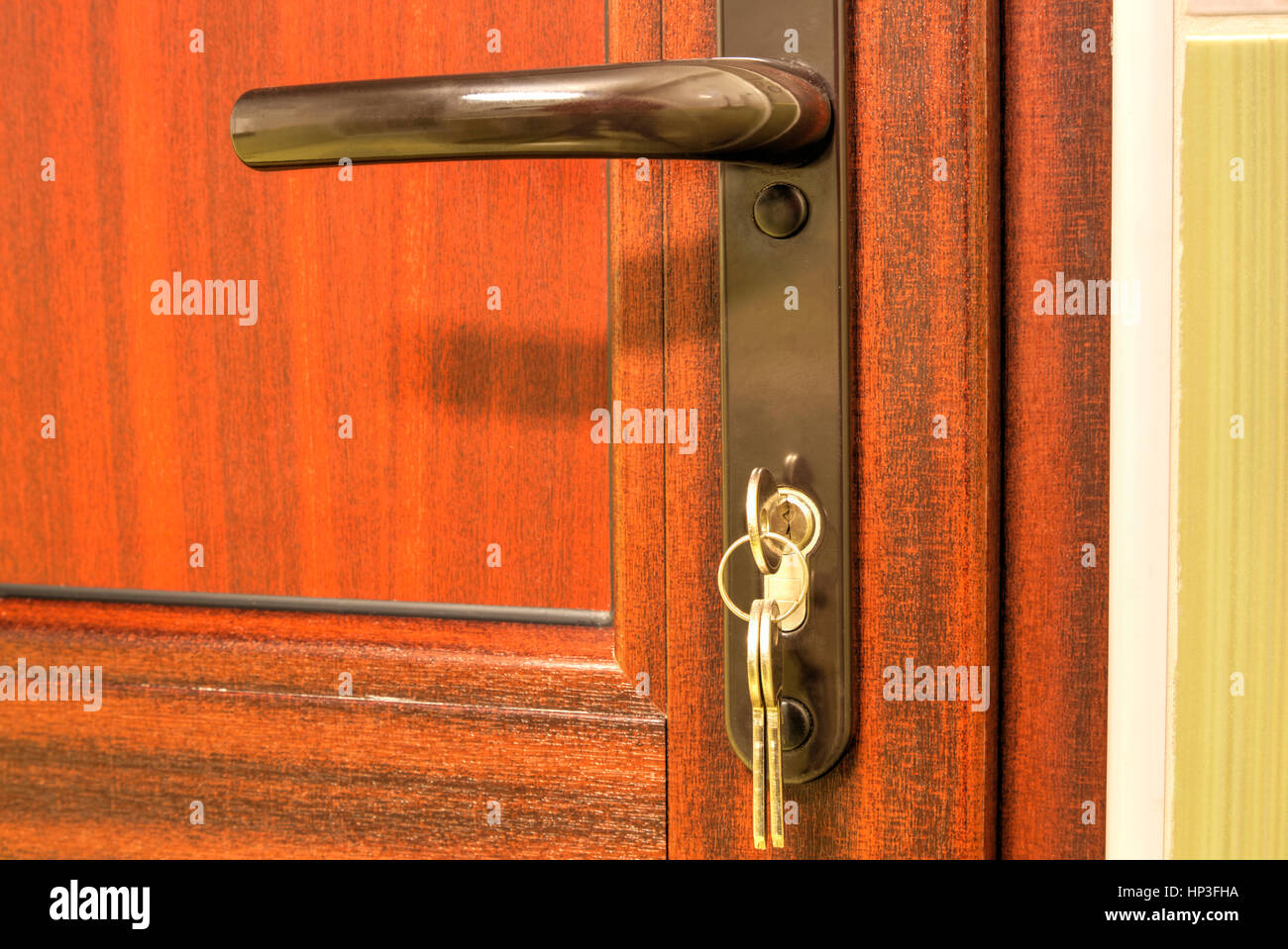 Modern wooden door with handle closeup Stock Photo - Alamy