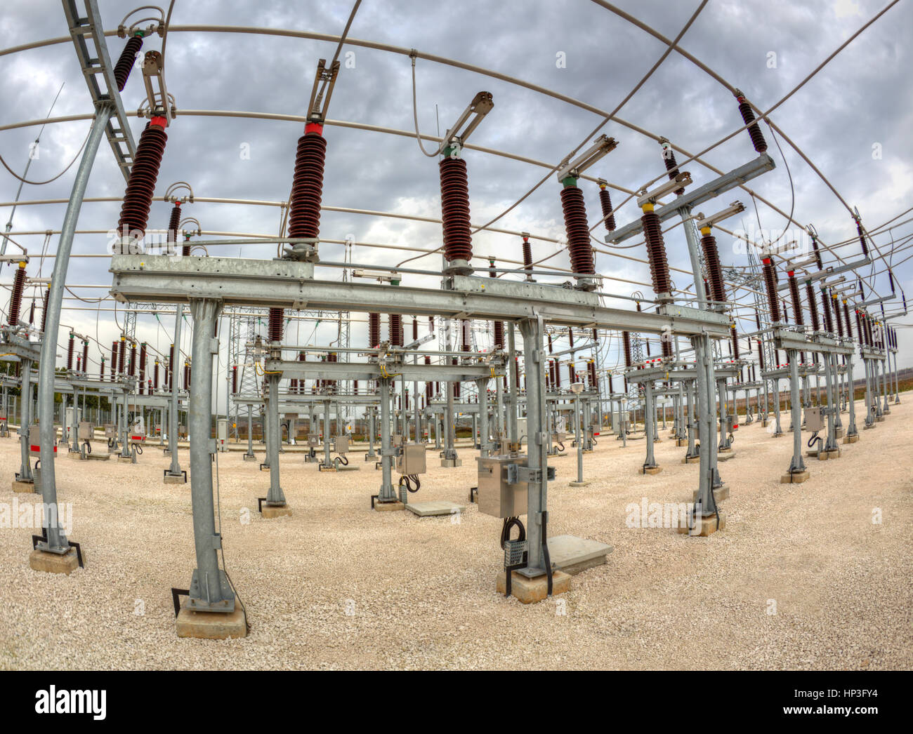 High voltage switchyard in electrical substation in fisheye perspective ...