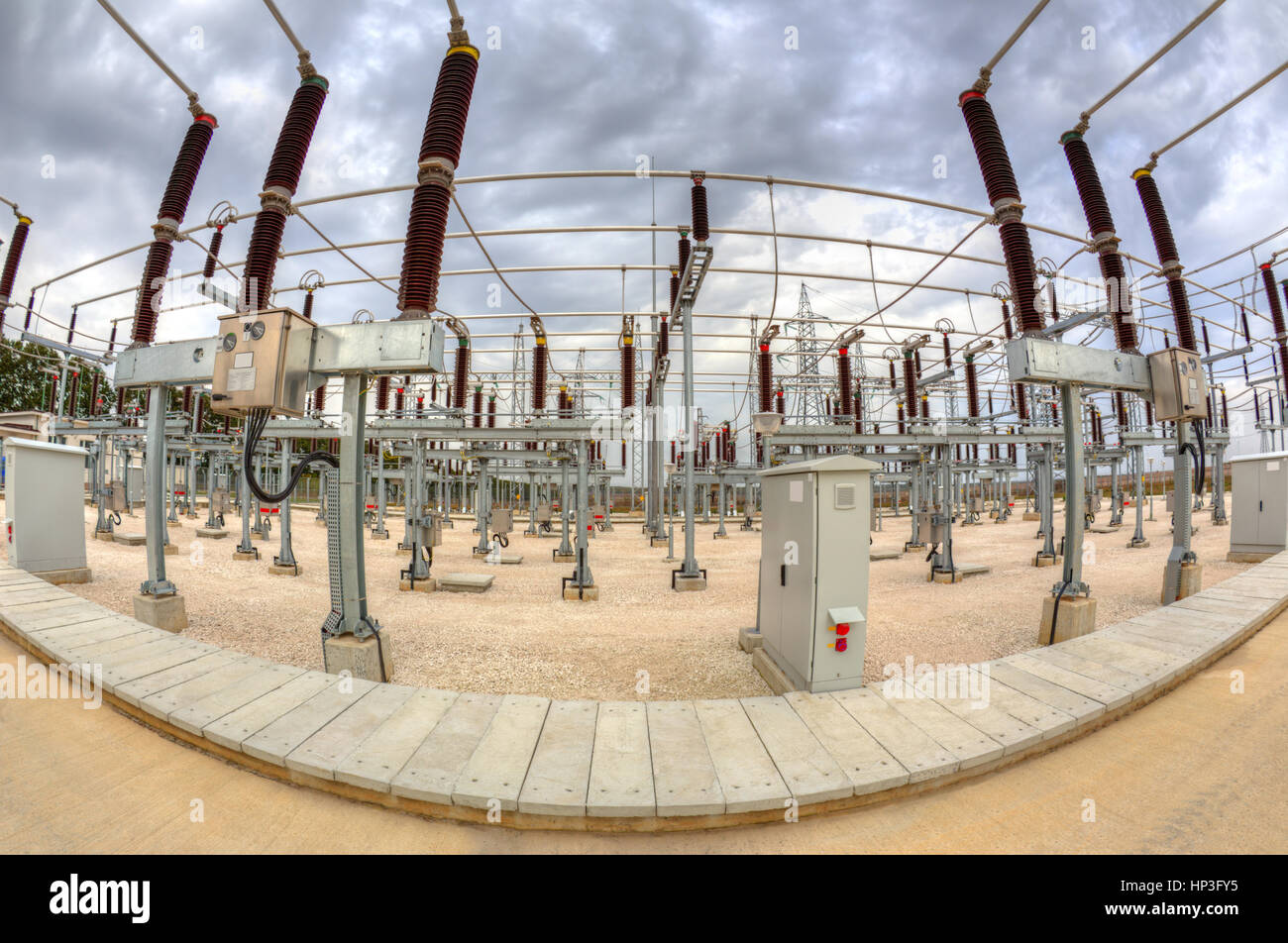 High voltage switchyard in electrical substation in fisheye perspective ...