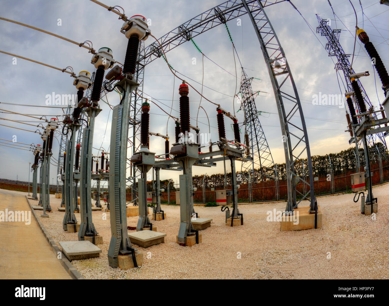 High voltage switchyard in electrical substation in fisheye perspective ...