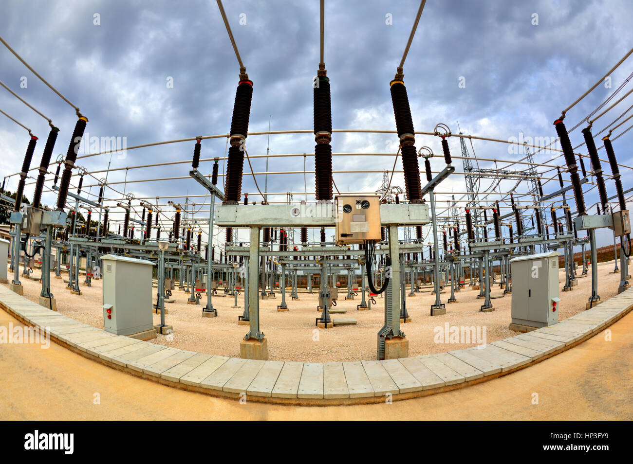 High voltage switchyard in electrical substation in fisheye perspective ...