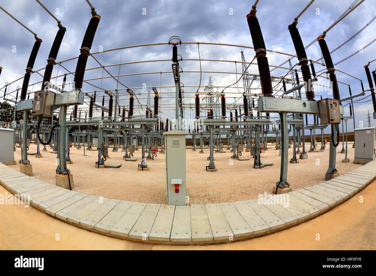 High voltage switchyard in electrical substation in fisheye perspective ...