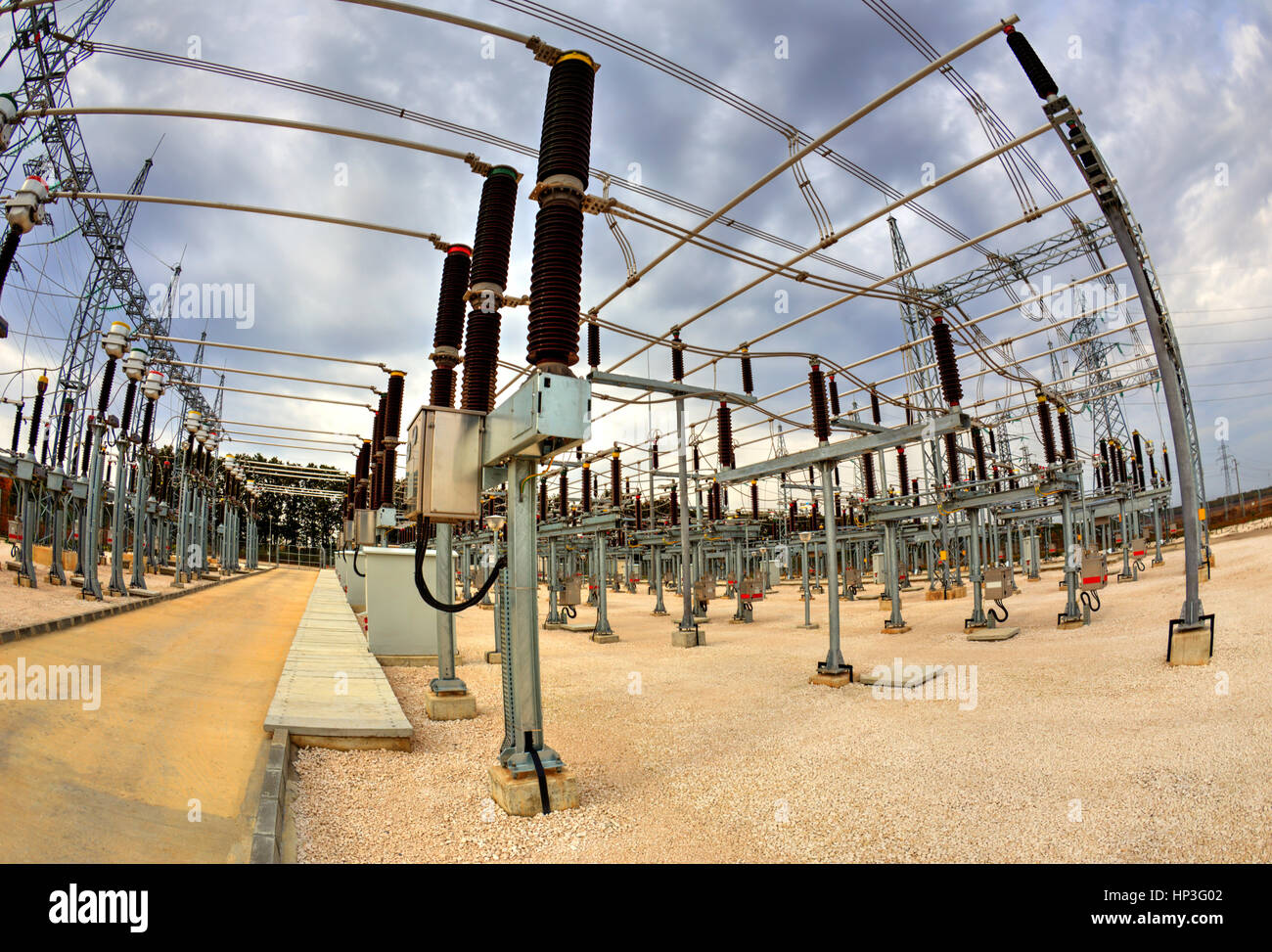 High voltage switchyard in electrical substation in fisheye perspective ...