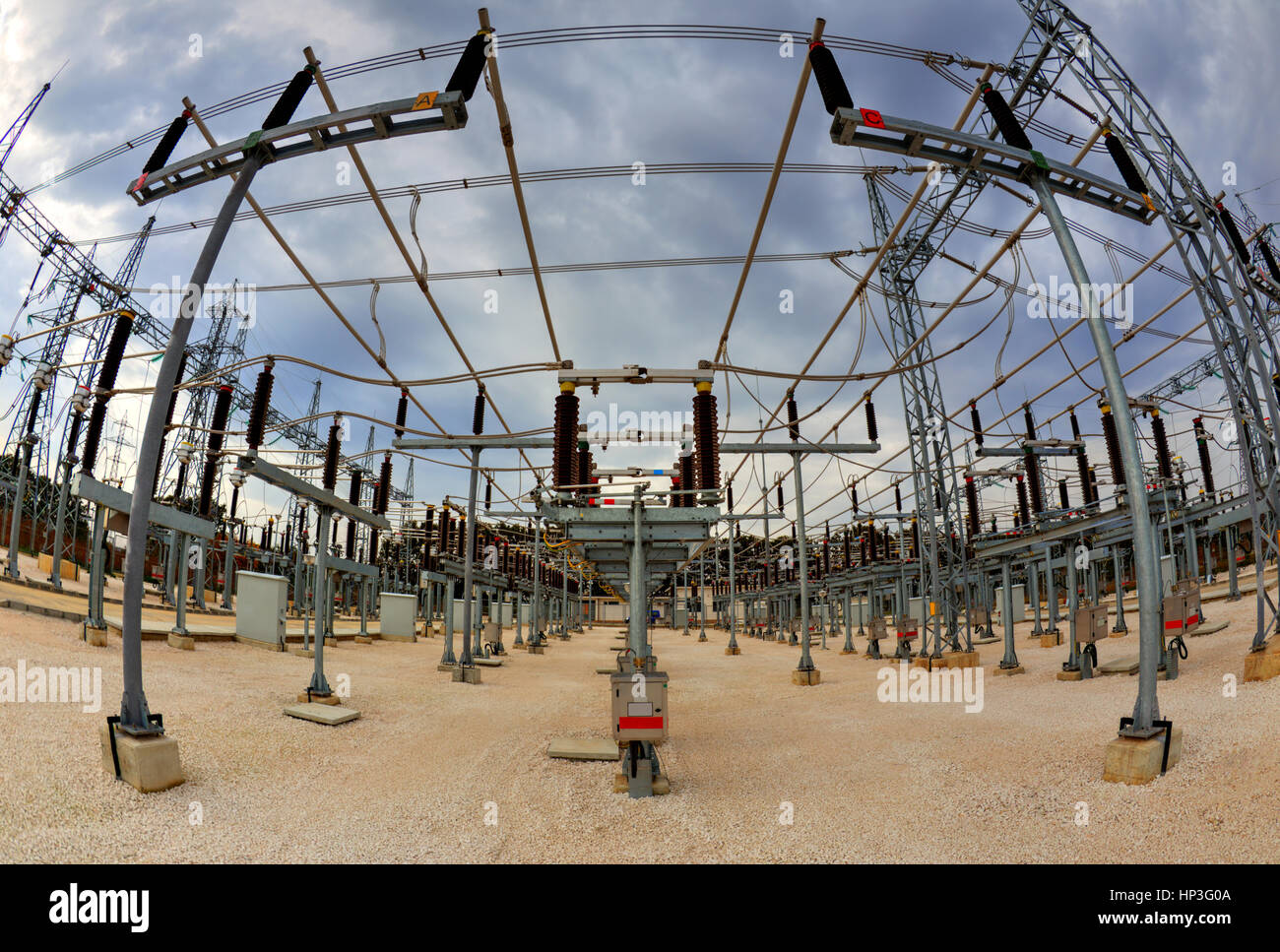 High voltage switchyard in electrical substation in fisheye perspective ...