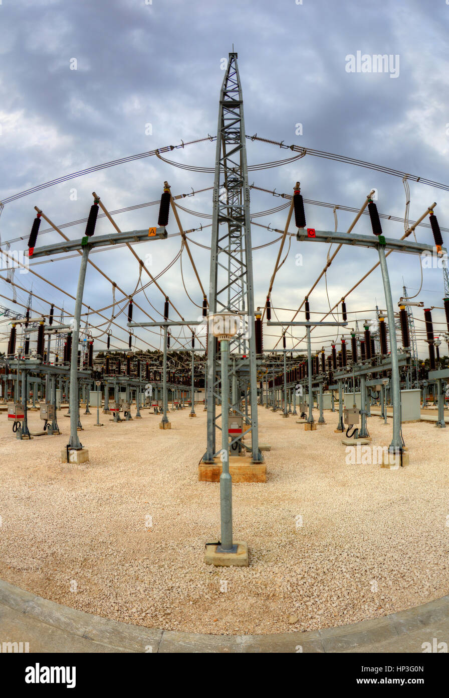 High voltage switchyard in electrical substation in fisheye perspective ...