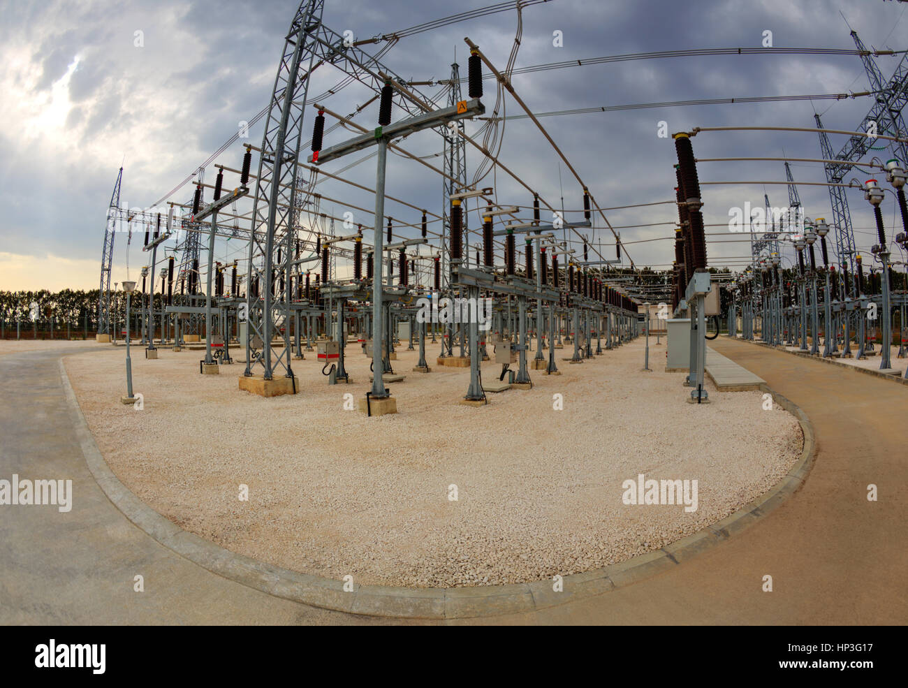 High voltage switchyard in electrical substation in fisheye perspective ...