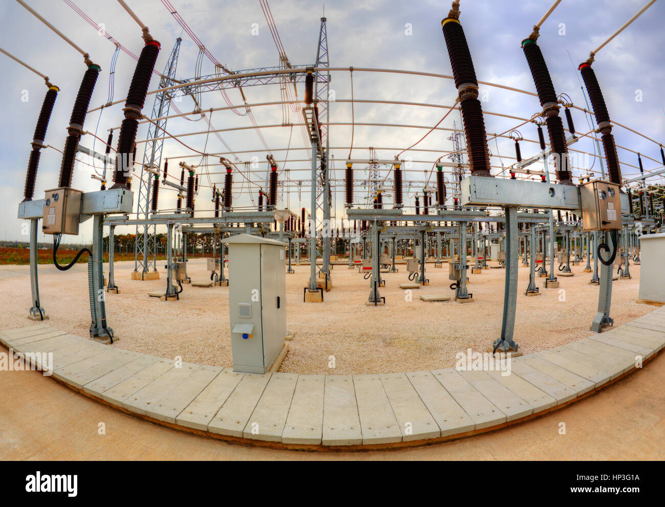High voltage switchyard in electrical substation in fisheye perspective ...