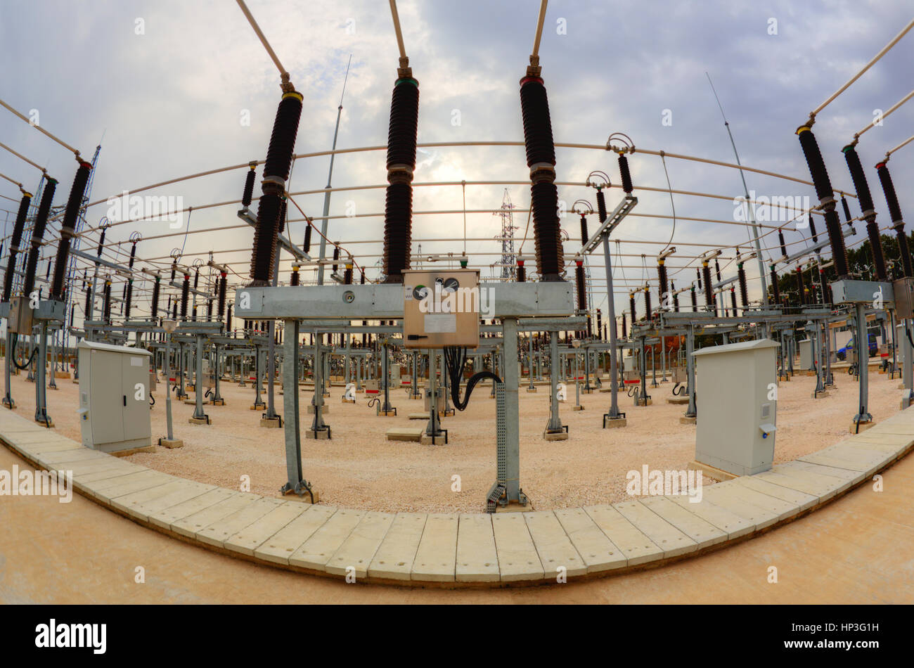 High voltage switchyard in electrical substation in fisheye perspective ...