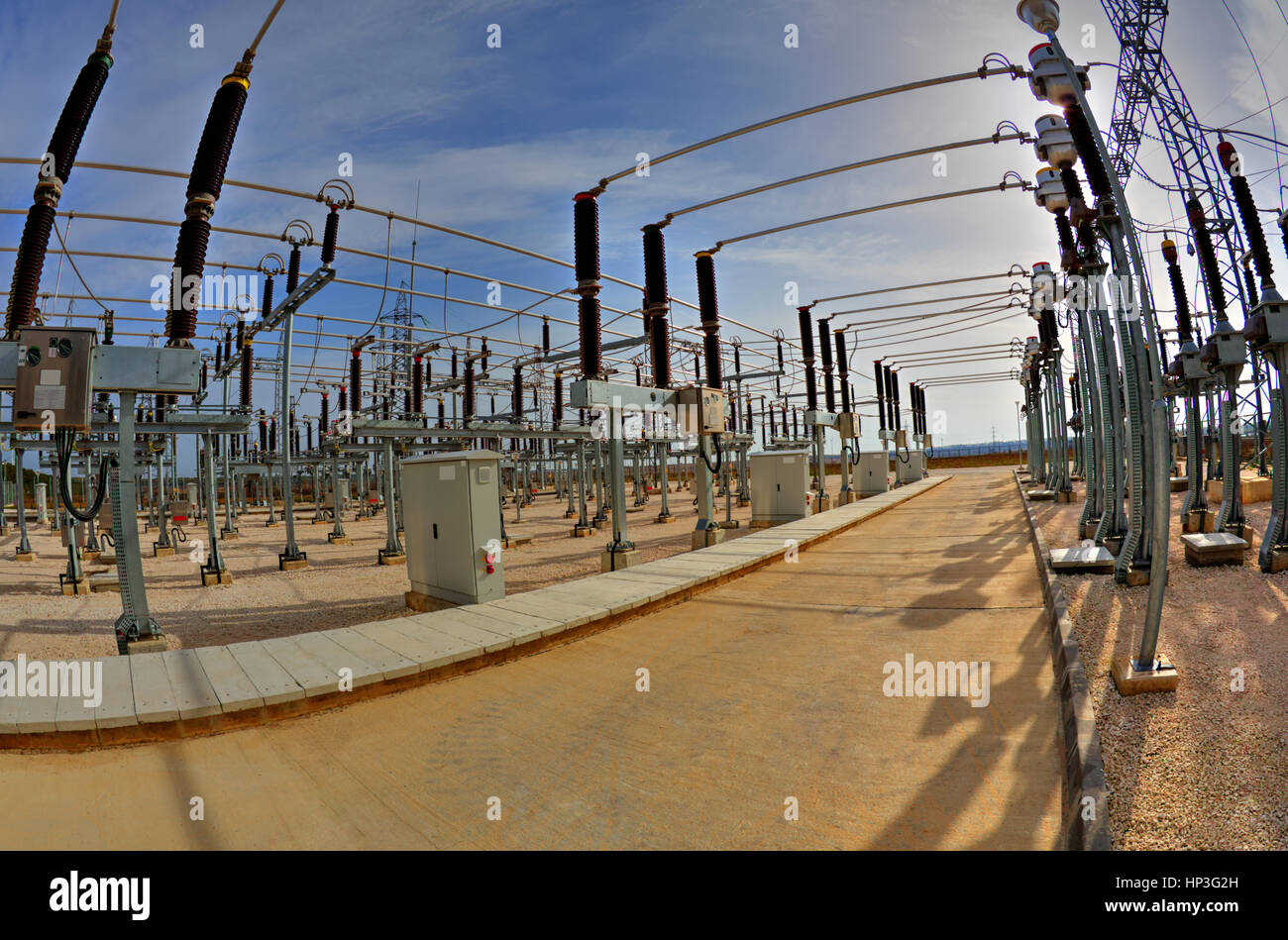High voltage switchyard in electrical substation in fisheye perspective ...