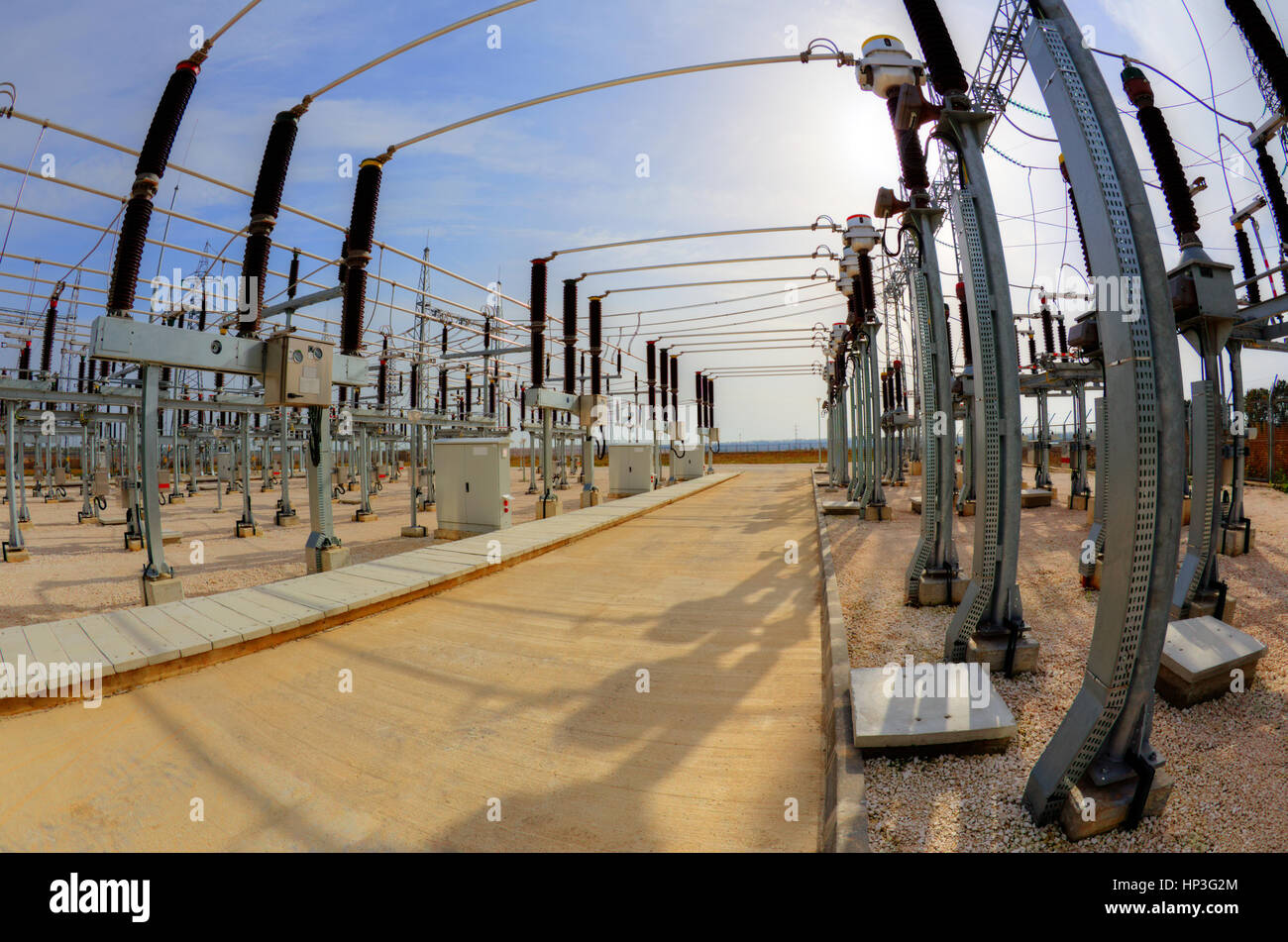 High voltage switchyard in electrical substation in fisheye perspective ...
