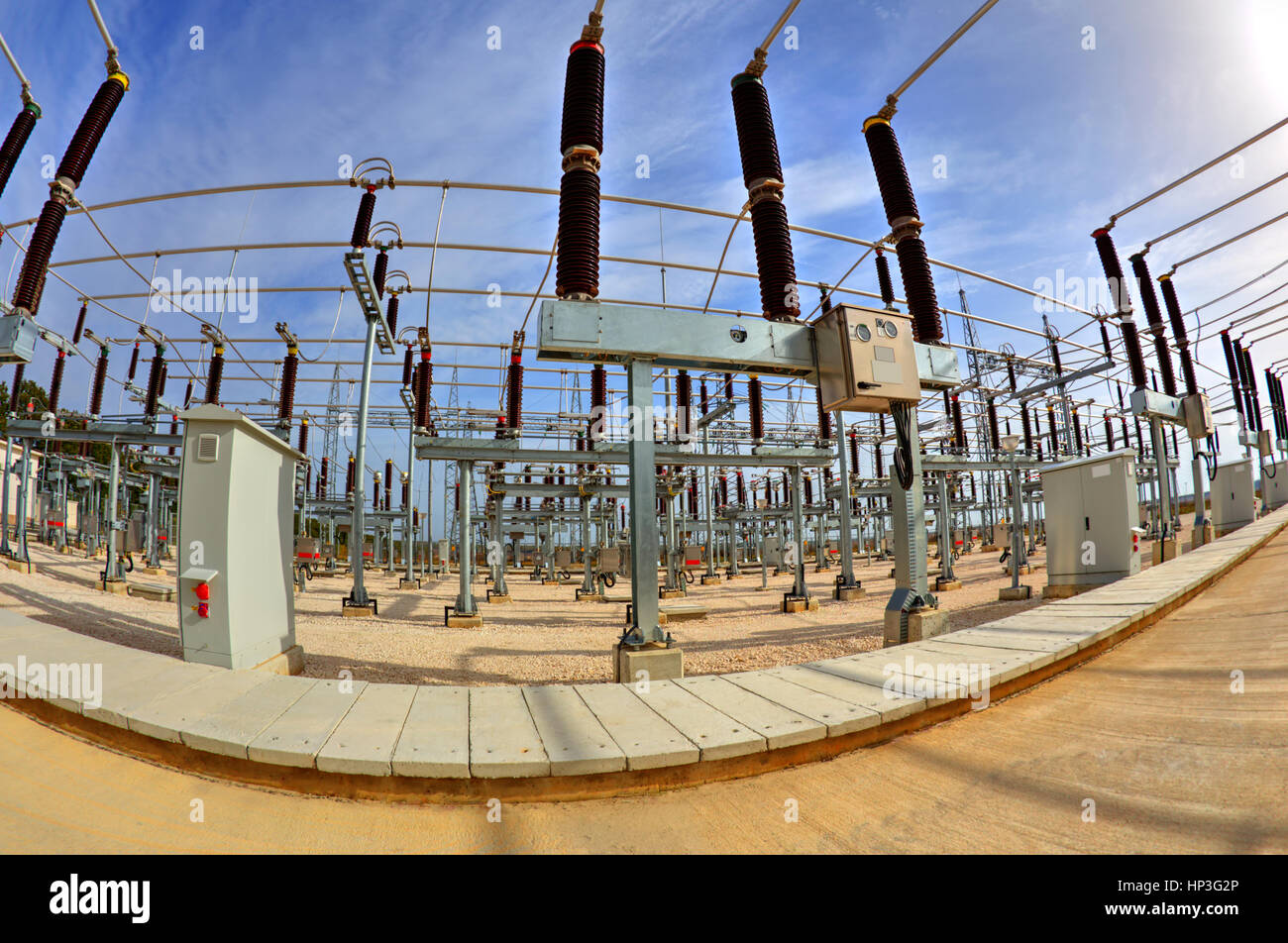 High voltage switchyard in electrical substation in fisheye perspective ...
