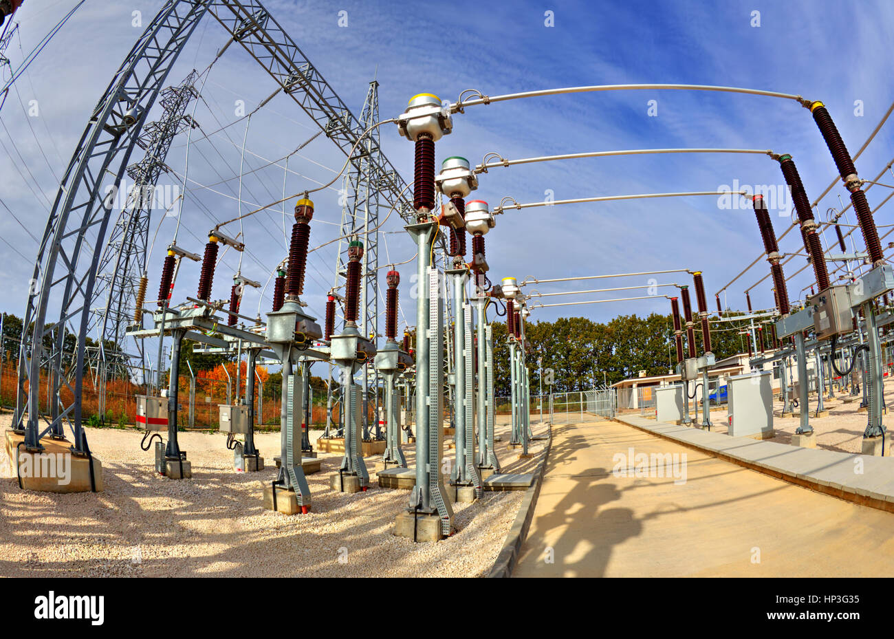 High voltage switchyard in electrical substation in fisheye perspective ...