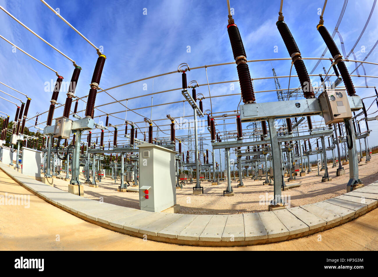High voltage switchyard in electrical substation in fisheye perspective ...