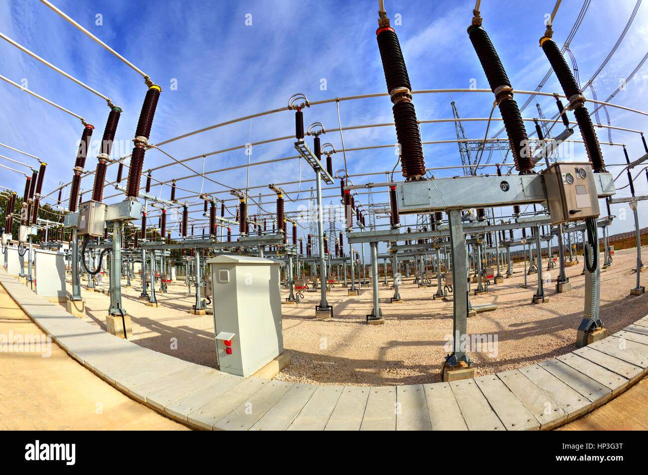 High voltage switchyard in electrical substation in fisheye perspective ...