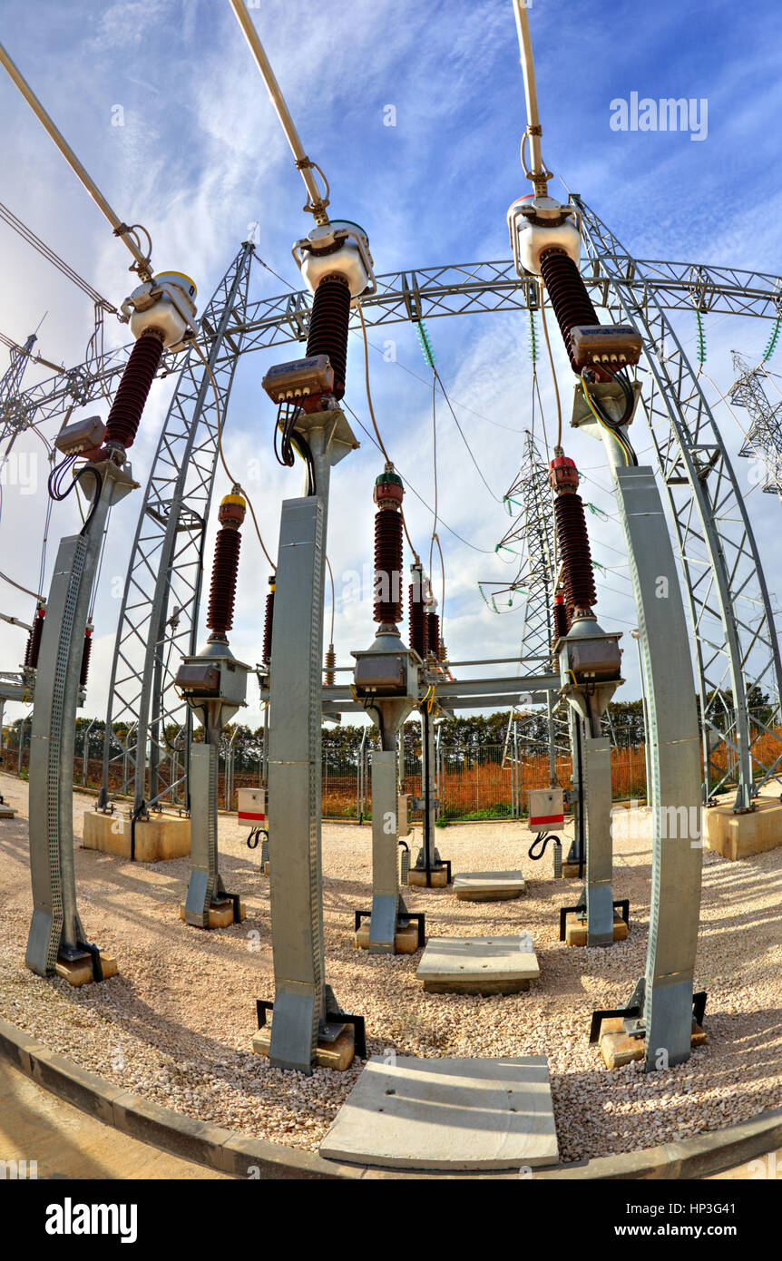 High voltage switchyard in electrical substation in fisheye perspective ...