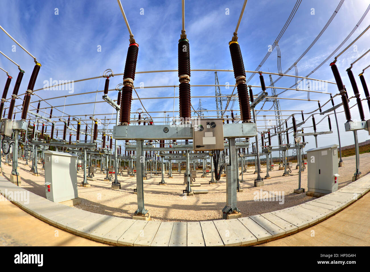 High voltage switchyard in electrical substation in fisheye perspective ...