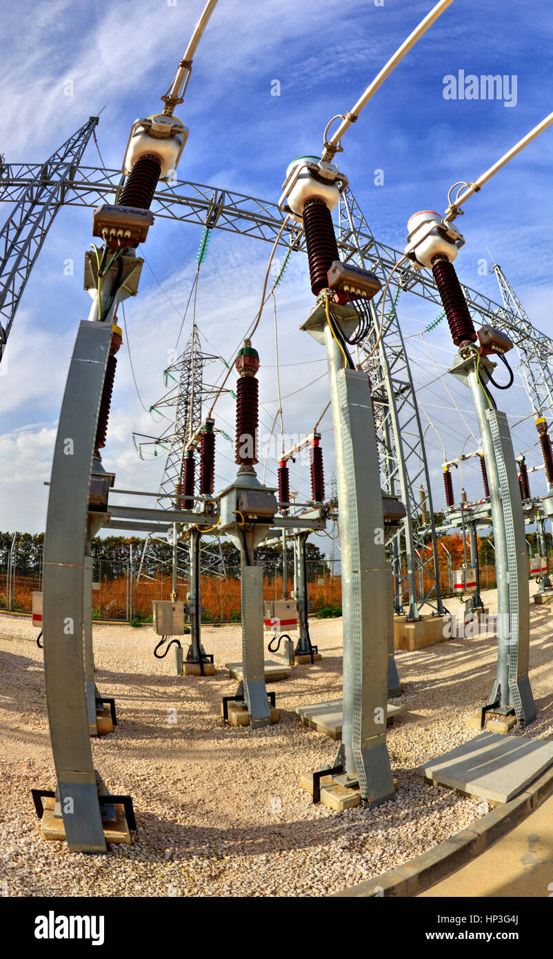 High voltage switchyard in electrical substation in fisheye perspective ...