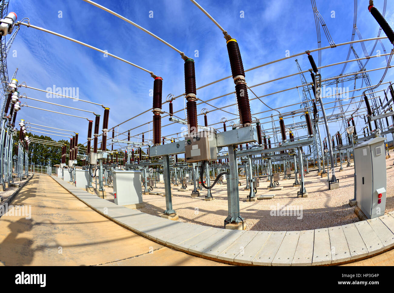 High voltage switchyard in electrical substation in fisheye perspective ...