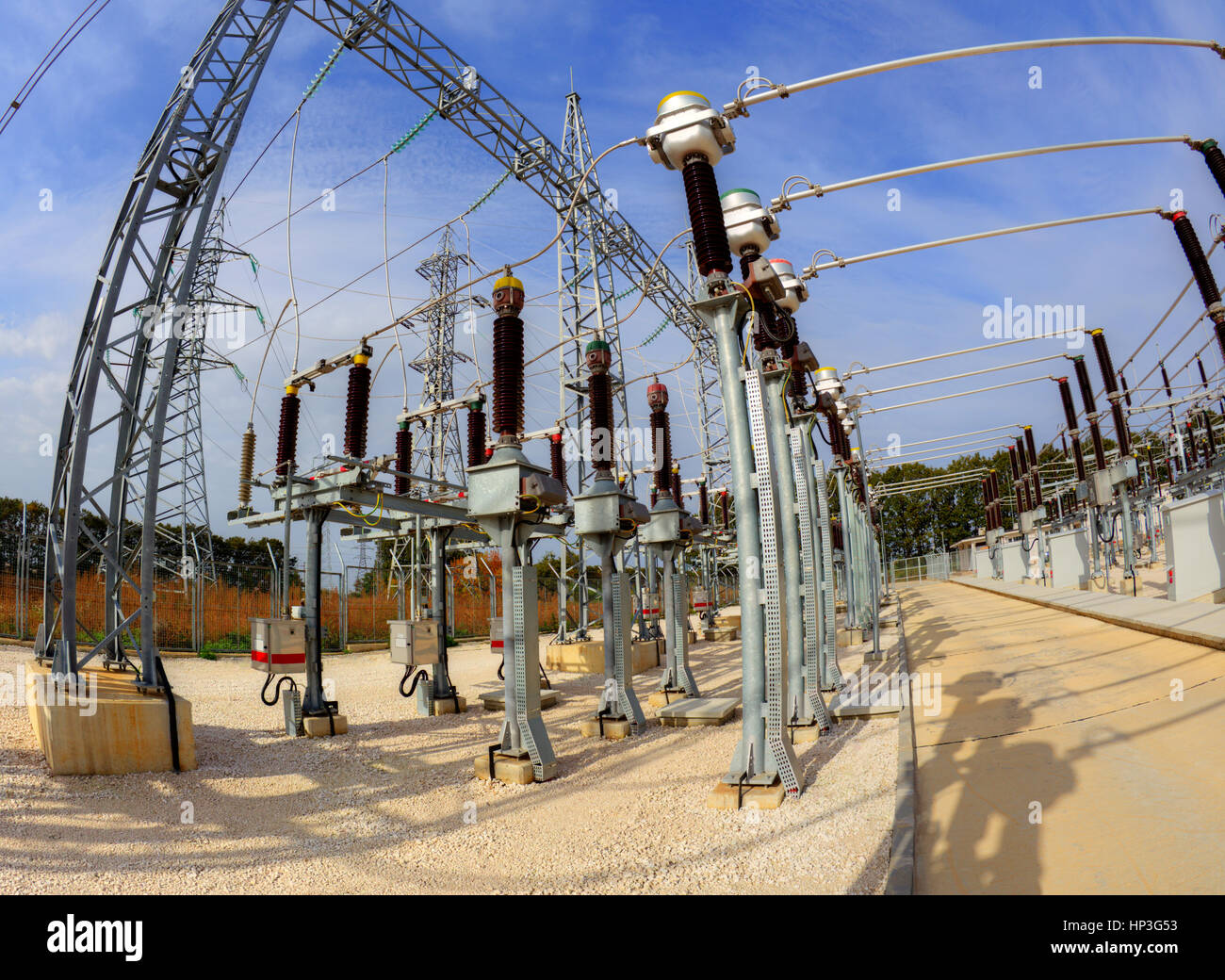 High voltage switchyard in electrical substation in fisheye perspective ...